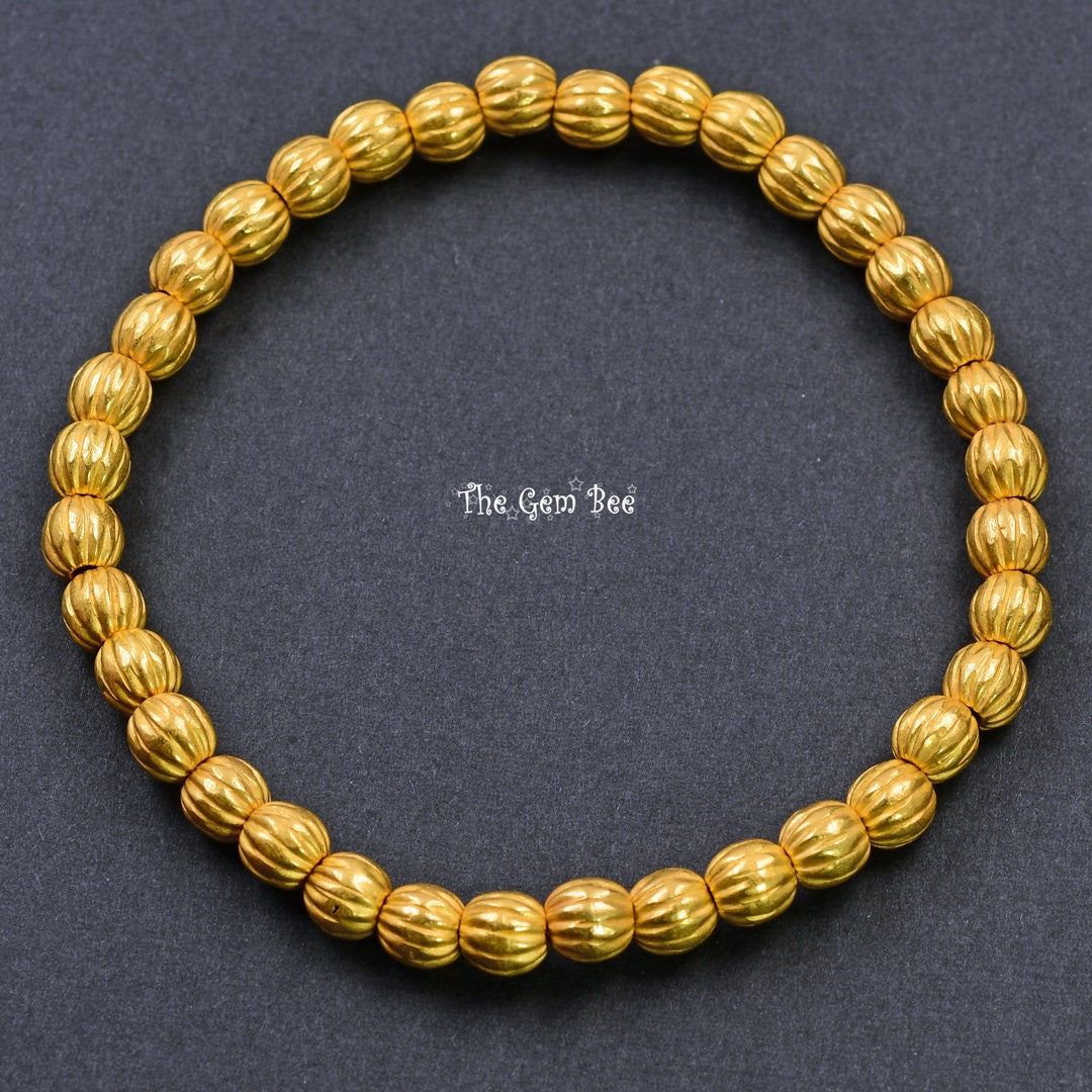 5mm 18K Yellow Gold Handmade Fluted Fancy Spacer Bead Stretchy Bracelet ...