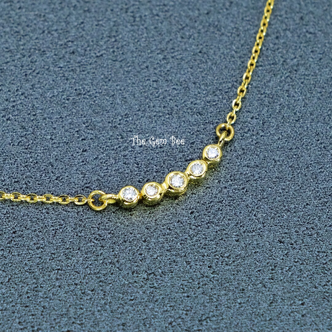 14K Solid Yellow Gold Fine Diamond Smiley Face Curved Bar Necklace ...