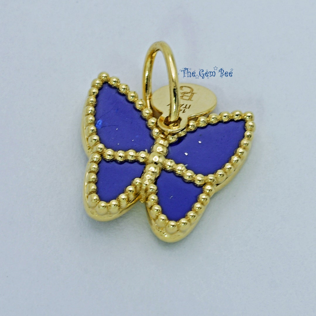14K Solid Yellow Gold Lapis Butterfly Charm Necklace Pendant Made in ...