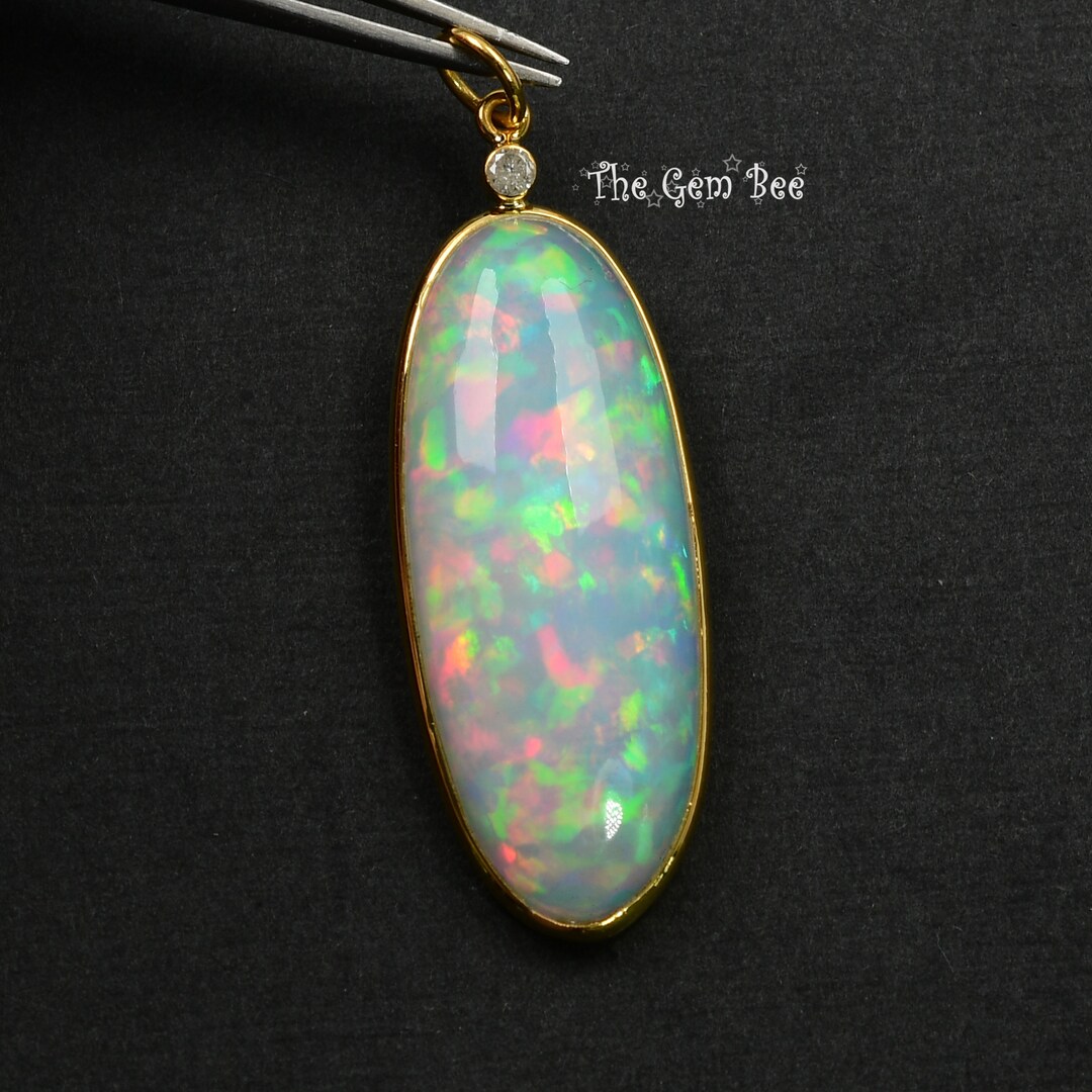 Natural 18k Solid Gold Opal Oval Bezel Charm Pendant With Diamond ...