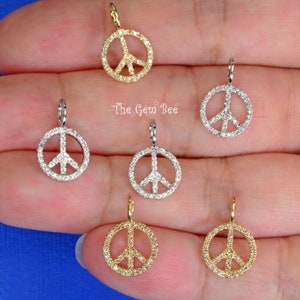 9.5mm 14K Solid Yellow Gold Diamond Peace Sign Charm Necklace Pendant ...