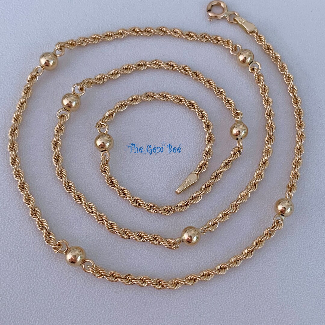 14K SOLID YELLOW GOLD Italian Rope Ball Bead Station Chain Necklace 18 ...