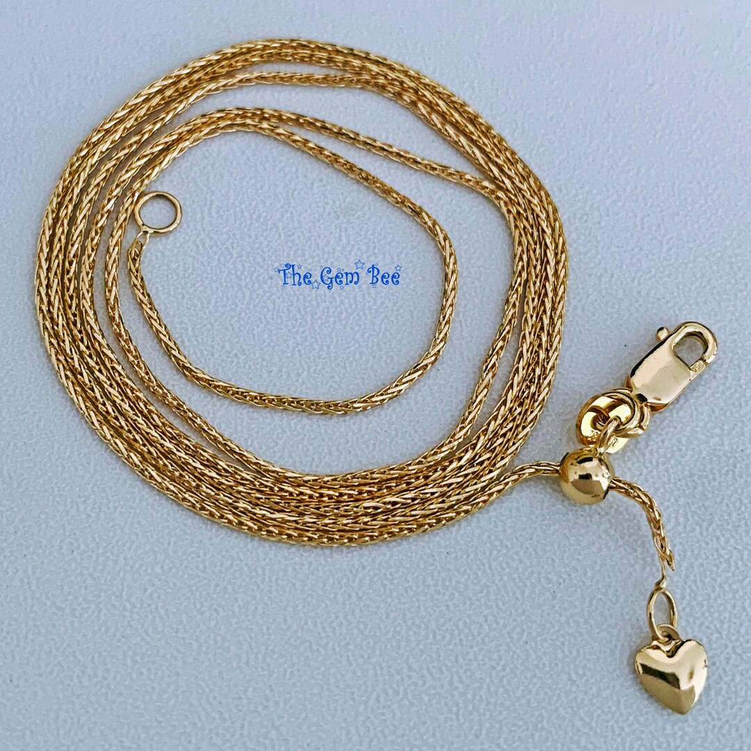 18K SOLID YELLOW GOLD 0.91mm Baby Wheat Chain Adjustable Necklace 14 16 ...