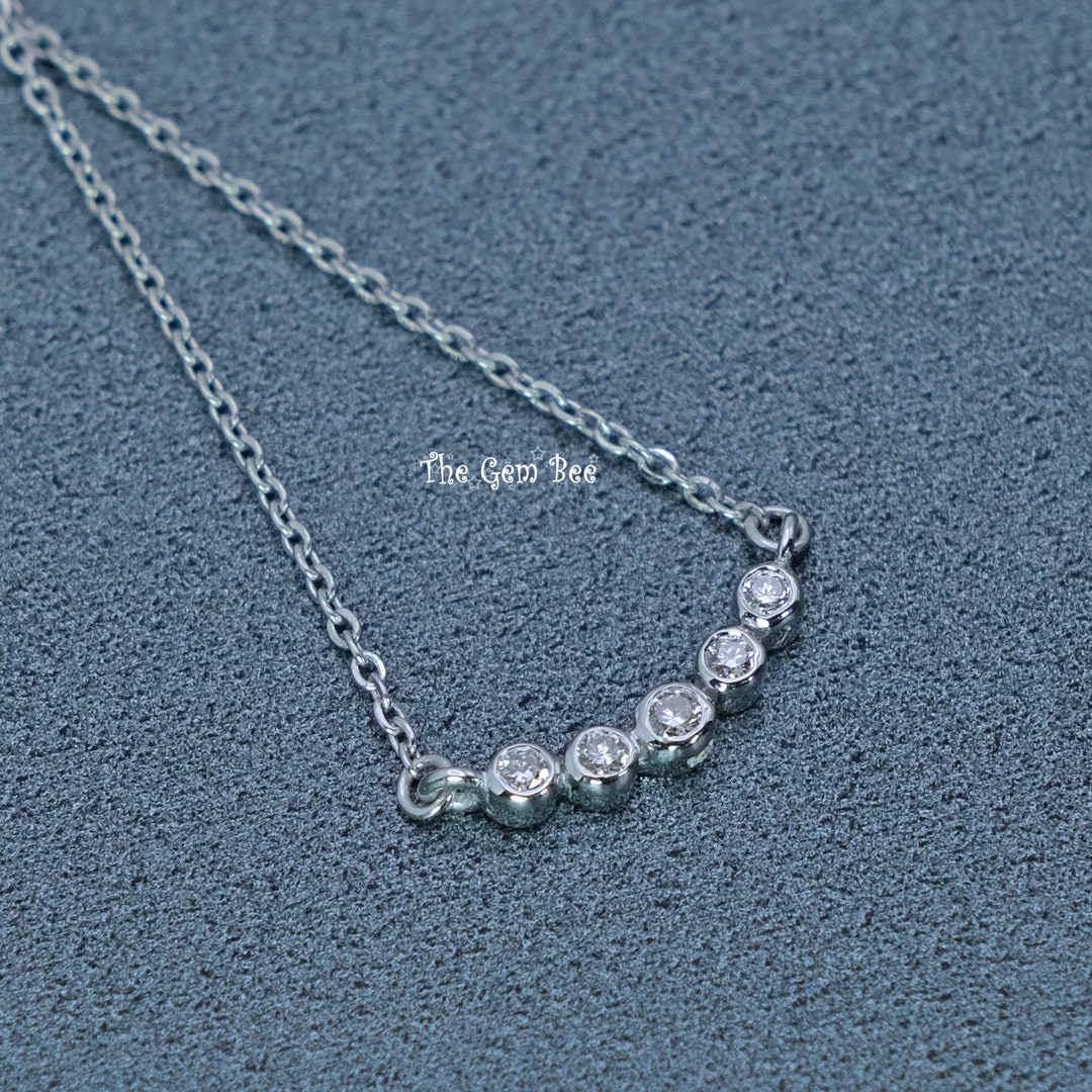 14K Solid White Gold Fine Diamond Smiley Face Curved Bar Necklace ...