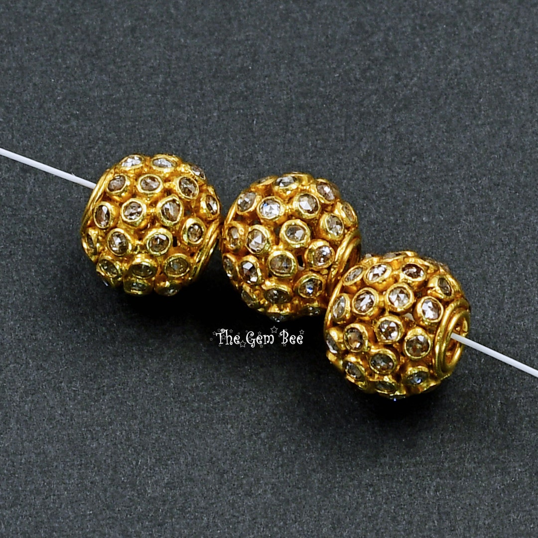 9mm 18k Solid Yellow Gold Rose Cut Champagne Diamond Spacer Sphere ...