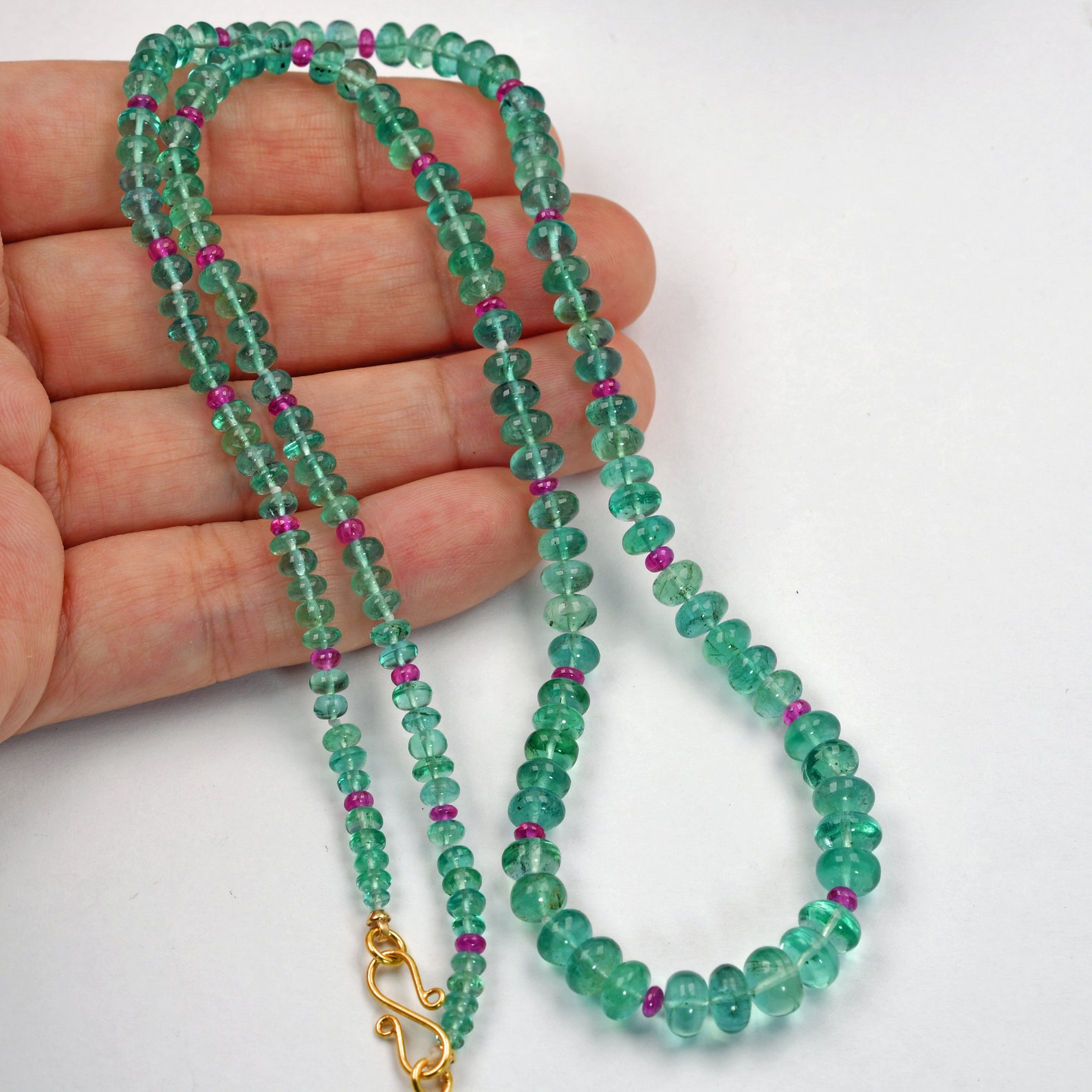 87CT Large Zambian EMERALD Burmese RUBY Rondelle Bead 18K Solid Gold ...