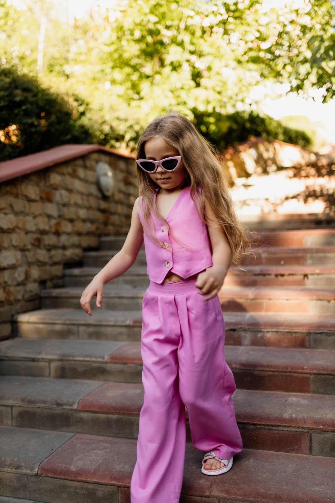 Pink Organic Linen Girl Clothing Set Shirt and Pants, Baby Linen ...