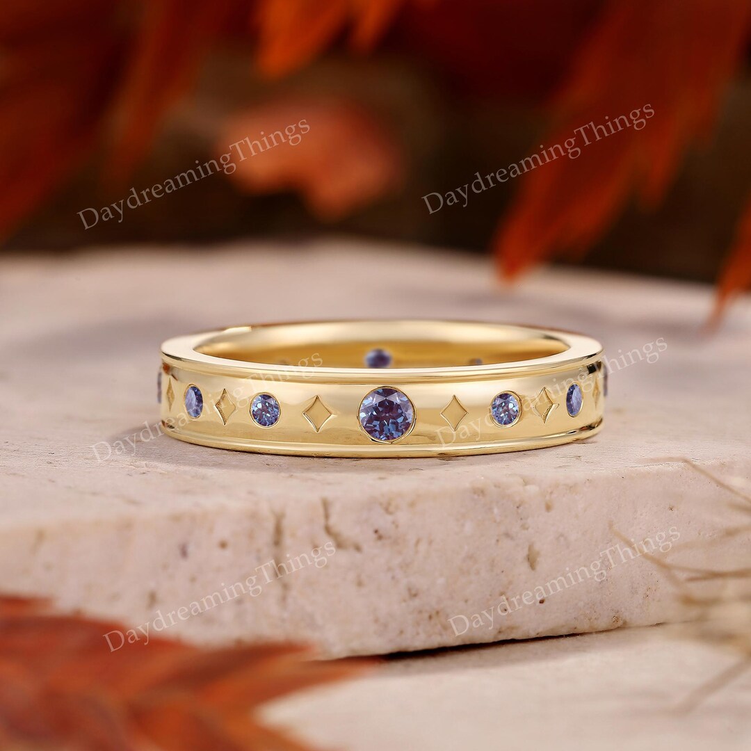4mm Alexandrite Eternity Wedding Band Ring | Yellow Gold Engraved Ring ...
