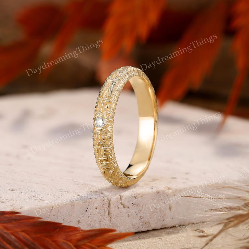 Vintage Moissanite Wedding Band | Solid Gold Engraved Wedding Ring Art ...