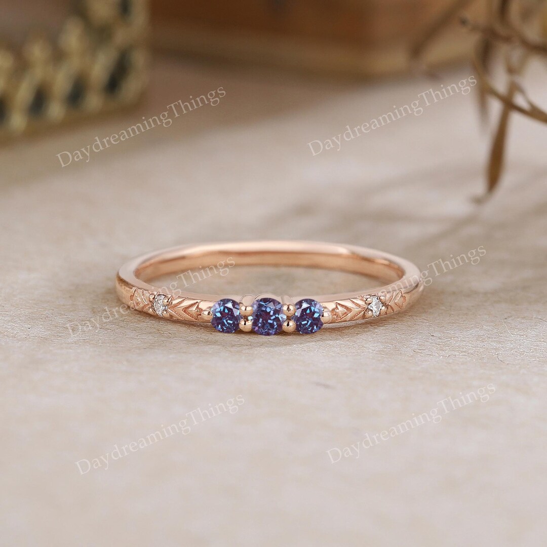 Unique Alexandrite Wedding Band Vintage Engraved Rose Gold Alexandrite Stackable Wedding Ring ...