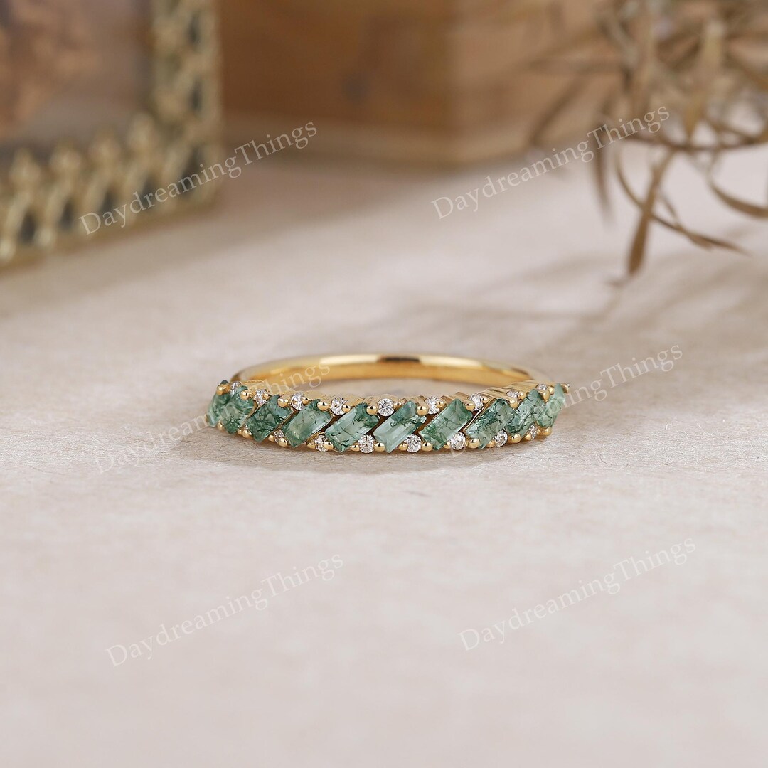 Natural Baguette Moss Agate Ring Moss Agate Half Eternity Wedding Band ...