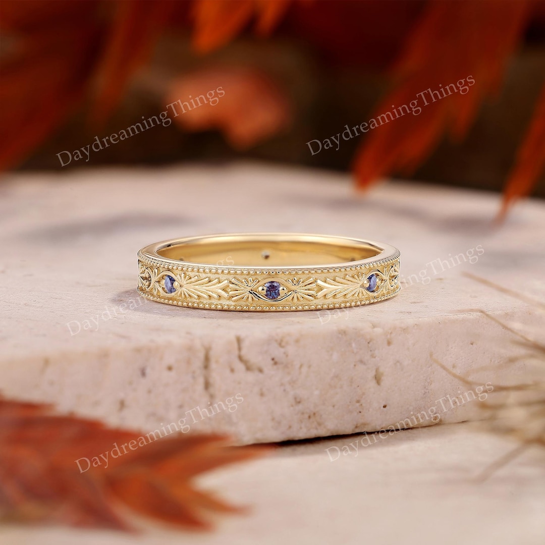 Alexandrite Eternity Wedding Band Ring | Gold Hand Carved Vintage ...