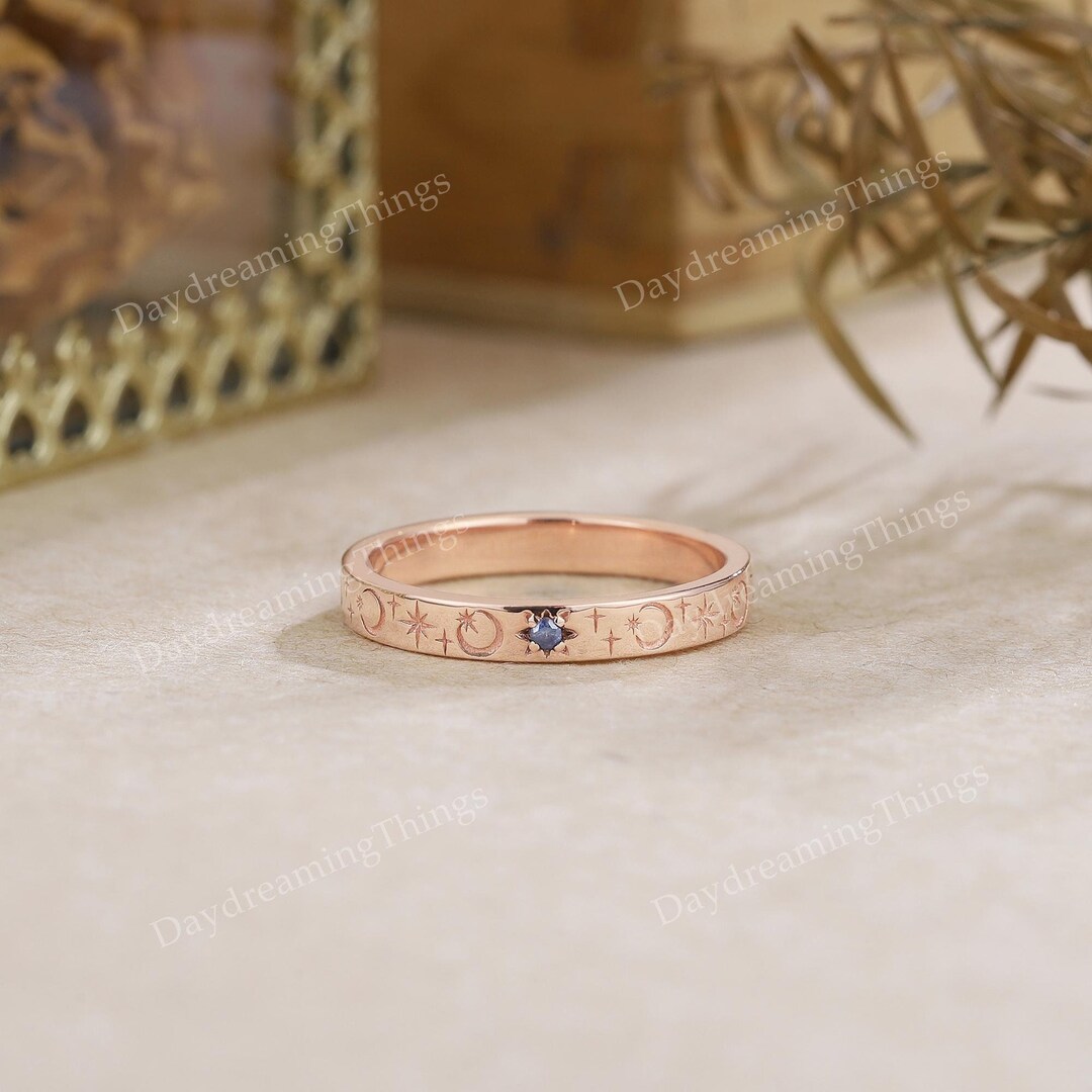 Art Deco Star Cornflower Sapphire Wedding Band Rose Gold Moon Ring ...