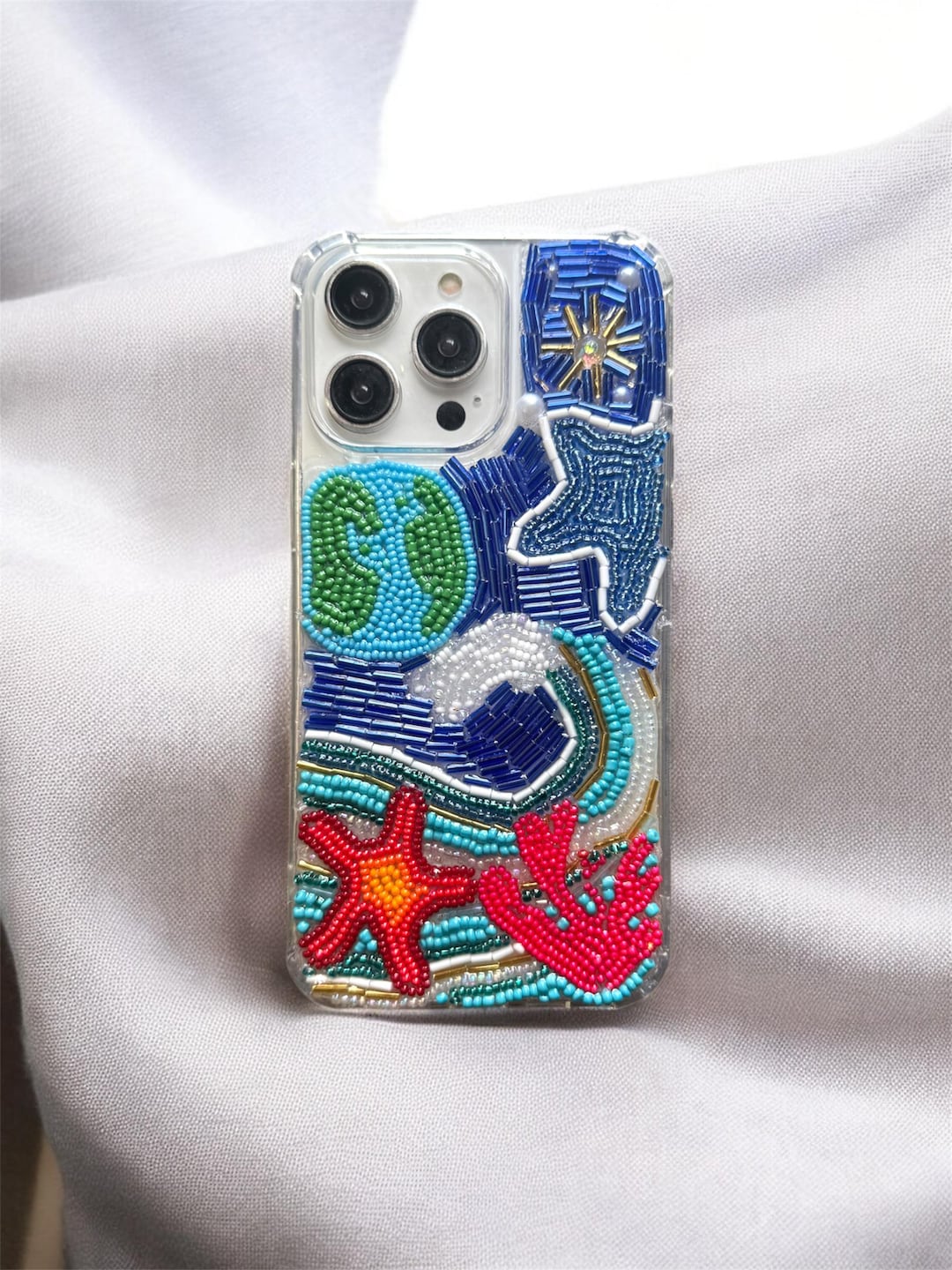 Beaded Embroidered Ocean Pattern Phone Case iPhone 17 Series, 16 Series ...