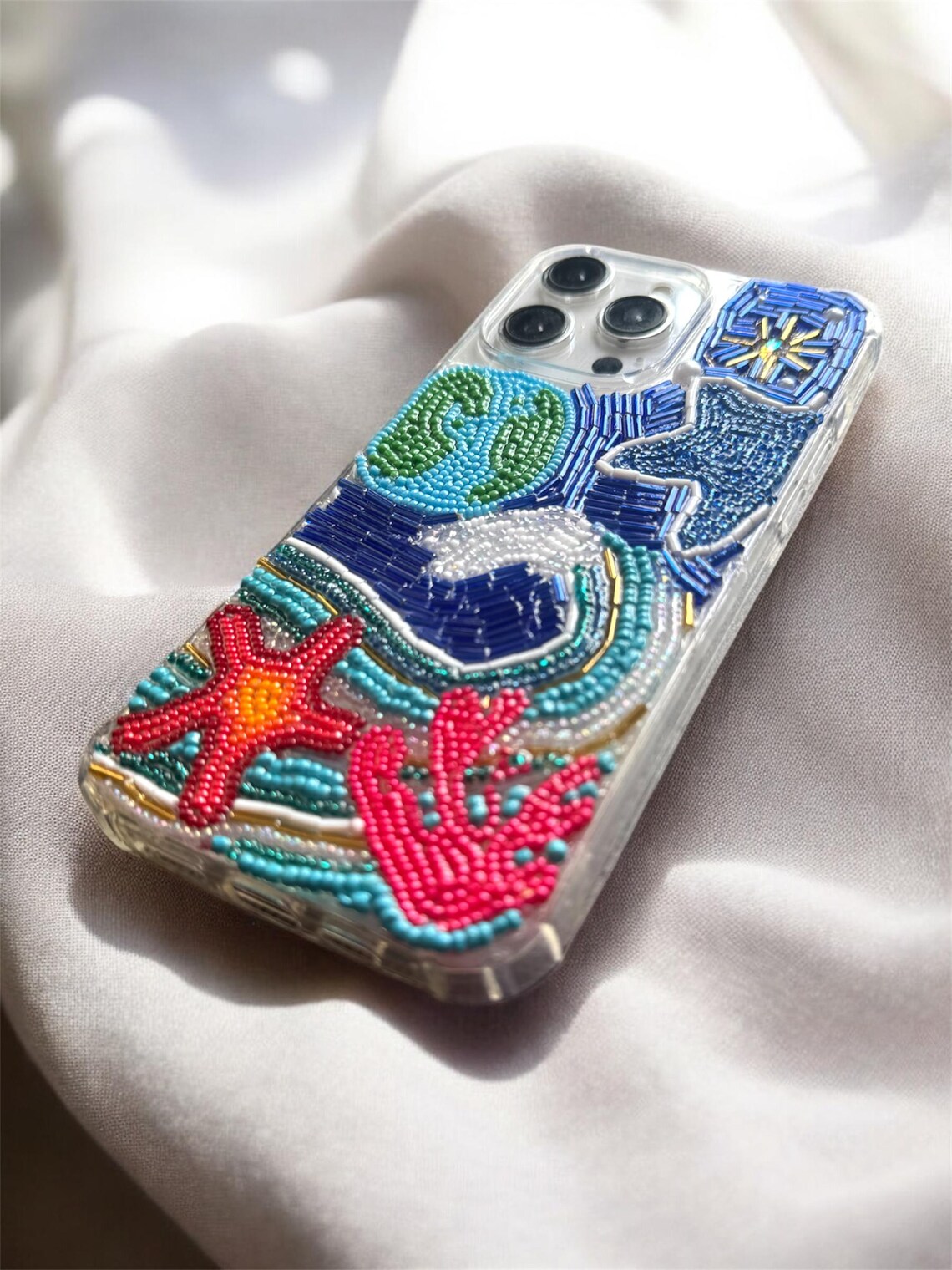Beaded Embroidered Ocean Pattern Phone Case iPhone 17 Series, 16 Series ...