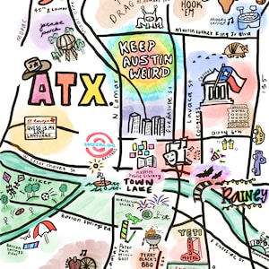 Austin, Texas Classic Locations Cartoon Map - Etsy