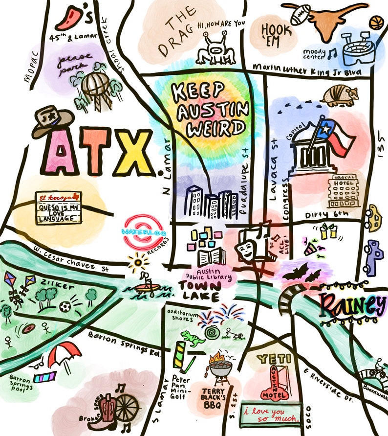 Austin, Texas Classic Locations Cartoon Map - Etsy