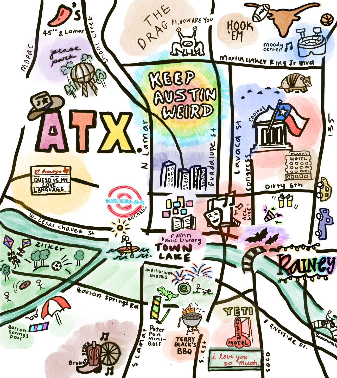 Austin, Texas Classic Locations Cartoon Map - Etsy