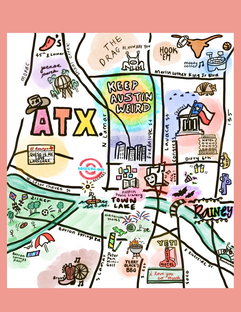 Austin, Texas Classic Locations Cartoon Map - Etsy