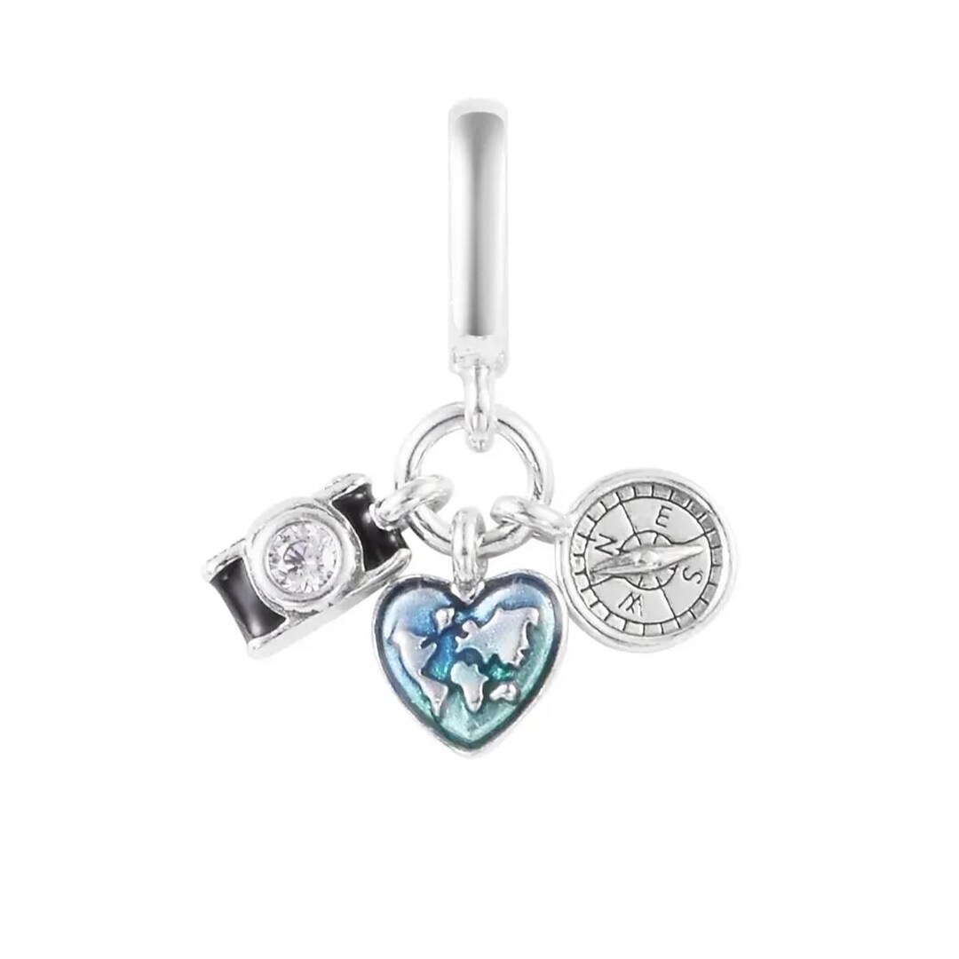 Pandora Camera, Heart and Compass Bracelet Charm, 925 Sterling Silver ...