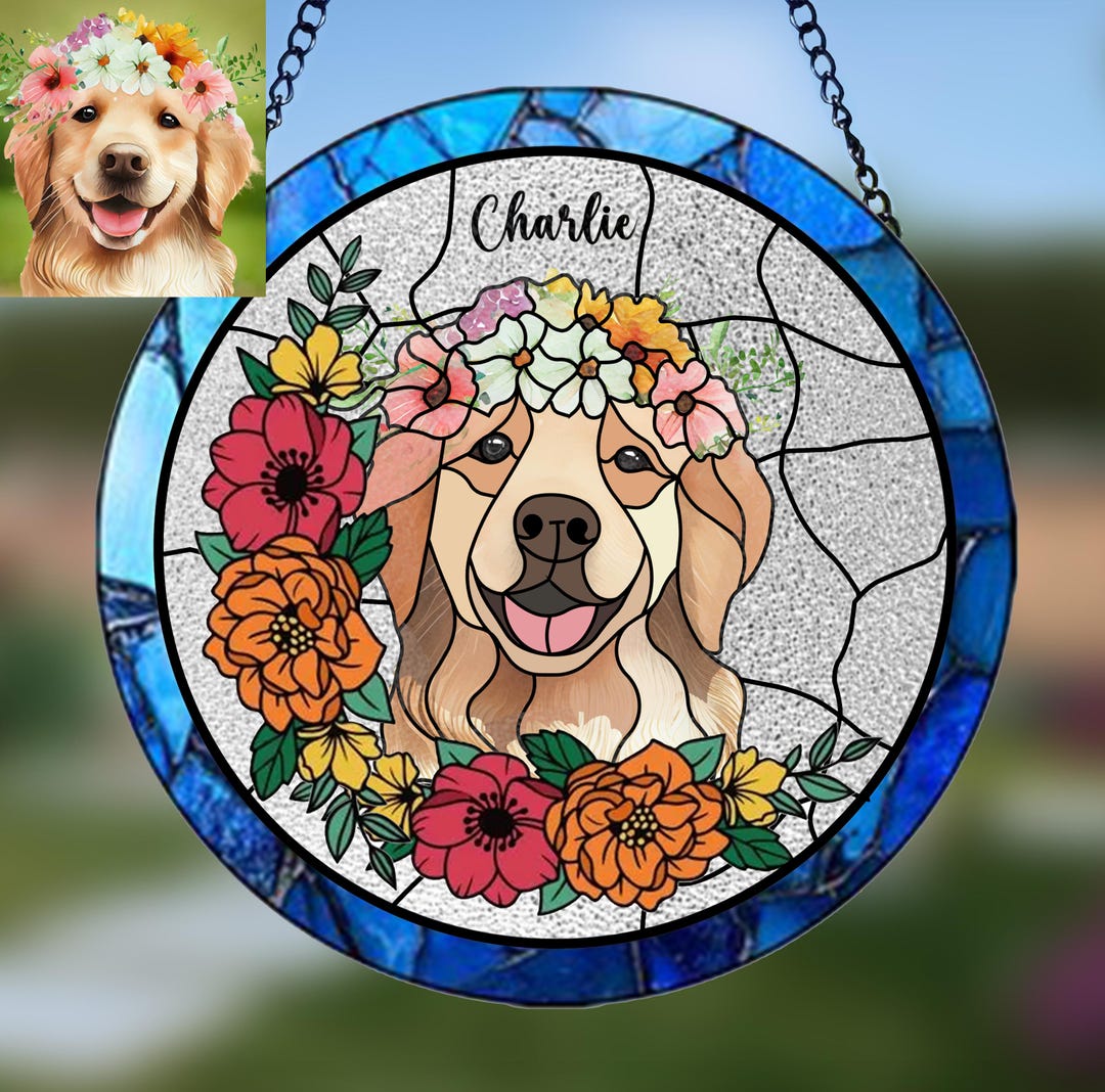 Custom Dog Portrait, Stained Glass Panel Suncatcher, Golden Retriever ...