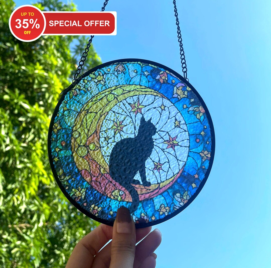 Faux Stained Glass Suncatcher, Black Cat on the Sun and Moon Background ...
