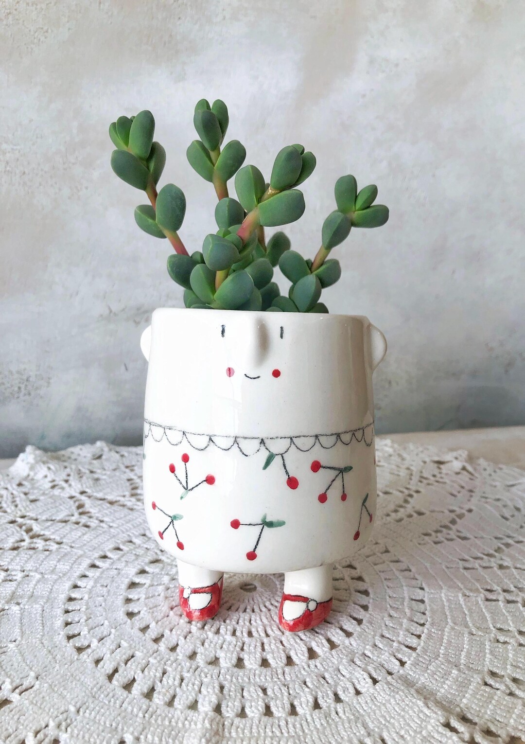 Mrs. Cherry Pot for Plant Lovers, Handmade Original Ceramic Character ...