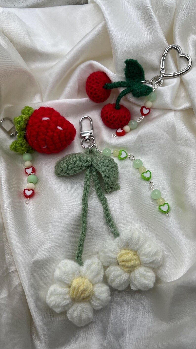 Cute Strawberry, Cherry or Daisy Crochet and Beaded Keychains, Bag ...