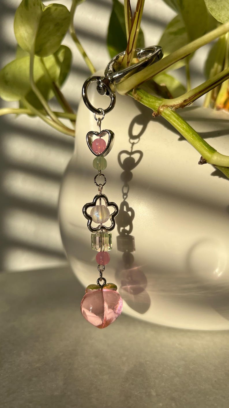 Peachy Pink & Green Beaded Pastel Keychain/ Bag Chain/ Water Bottle ...
