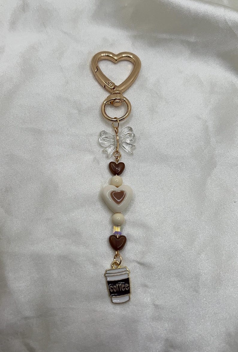Coffee Keychain. Coffee and Heart Brown Beaded Keychain/ Bag Charm ...
