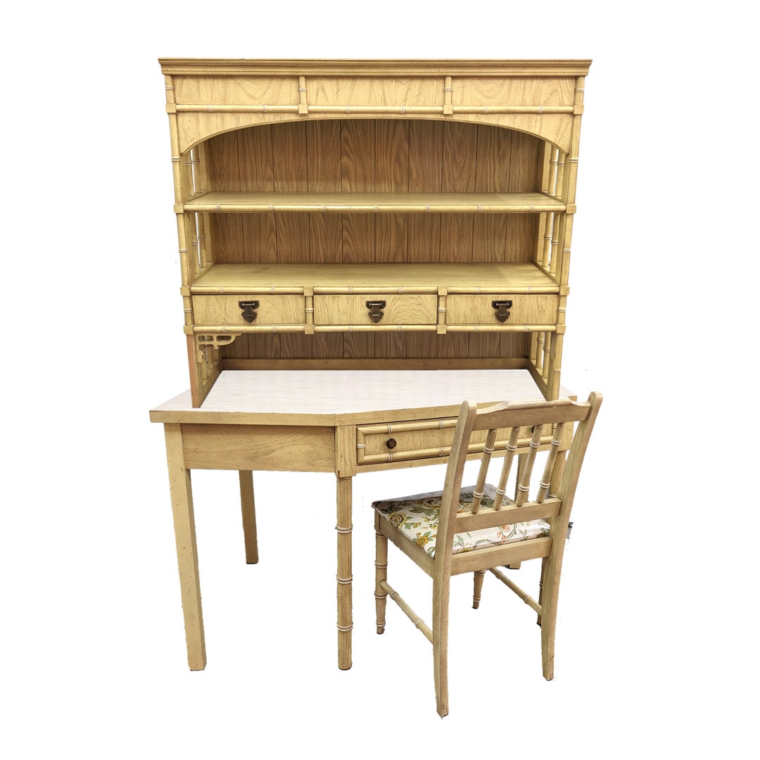 Hollywood Regency Faux Bamboo Corner Desk With Hutch and Chair by Dixie ...