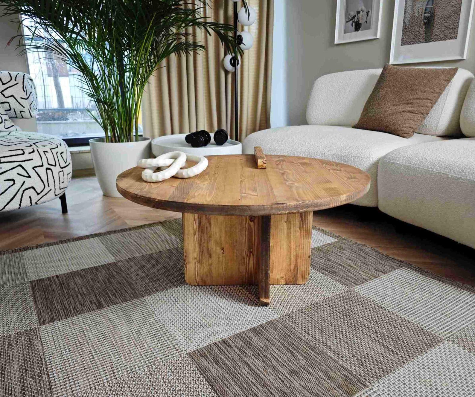 Rustic Round Wooden Coffee Table, Handmade Solid Wood Accent Table ...