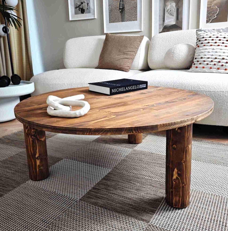 Handmade Rustic Round Wood Coffee Table | Solid Wood Scandinavian Minimalist Table Farmhouse ...
