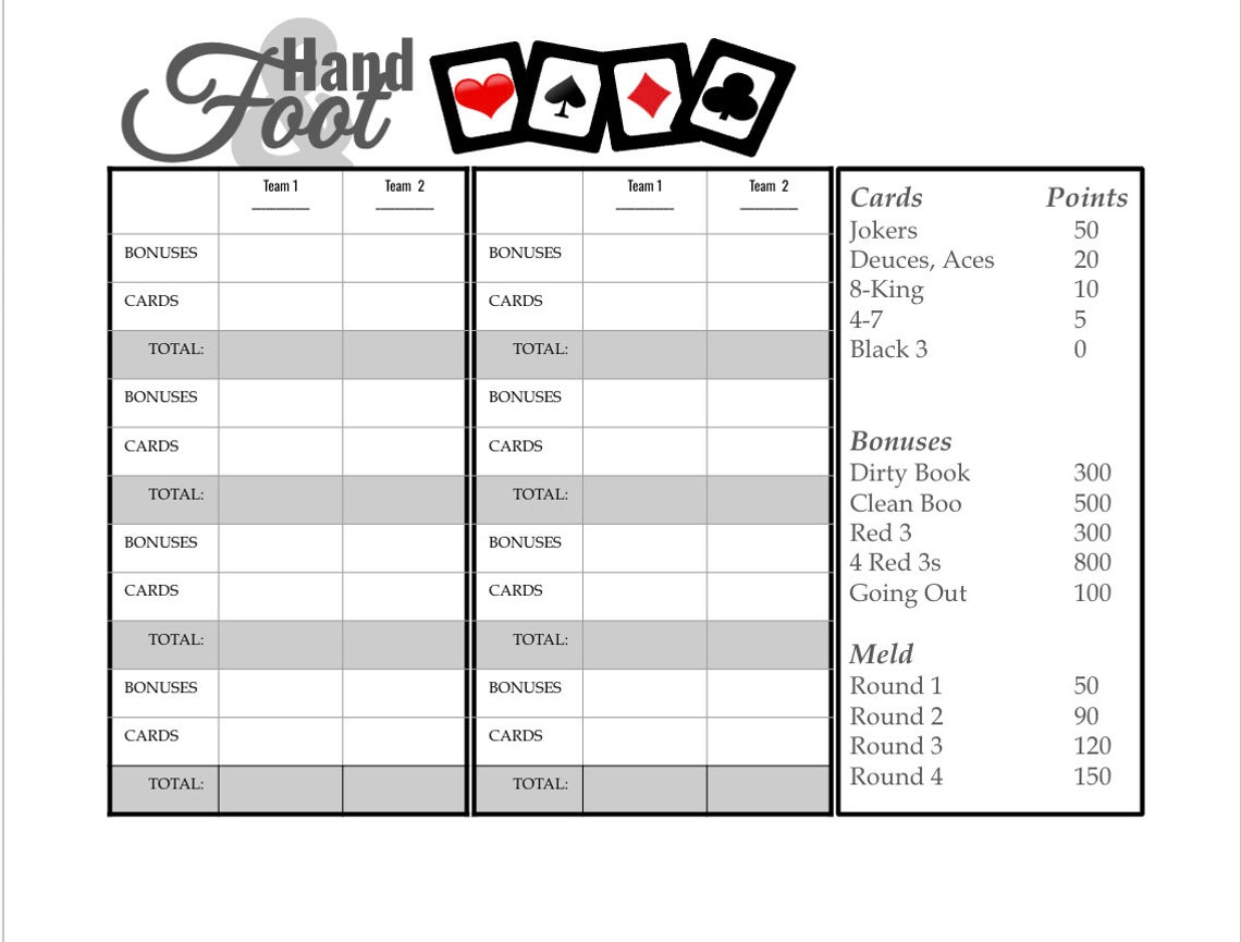 Hand and Foot Scoresheet - Etsy