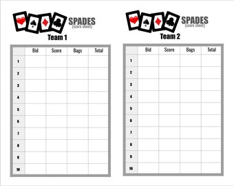 Spades Score Card - Spades Scoresheet - Spades Score Pads - Printable ...