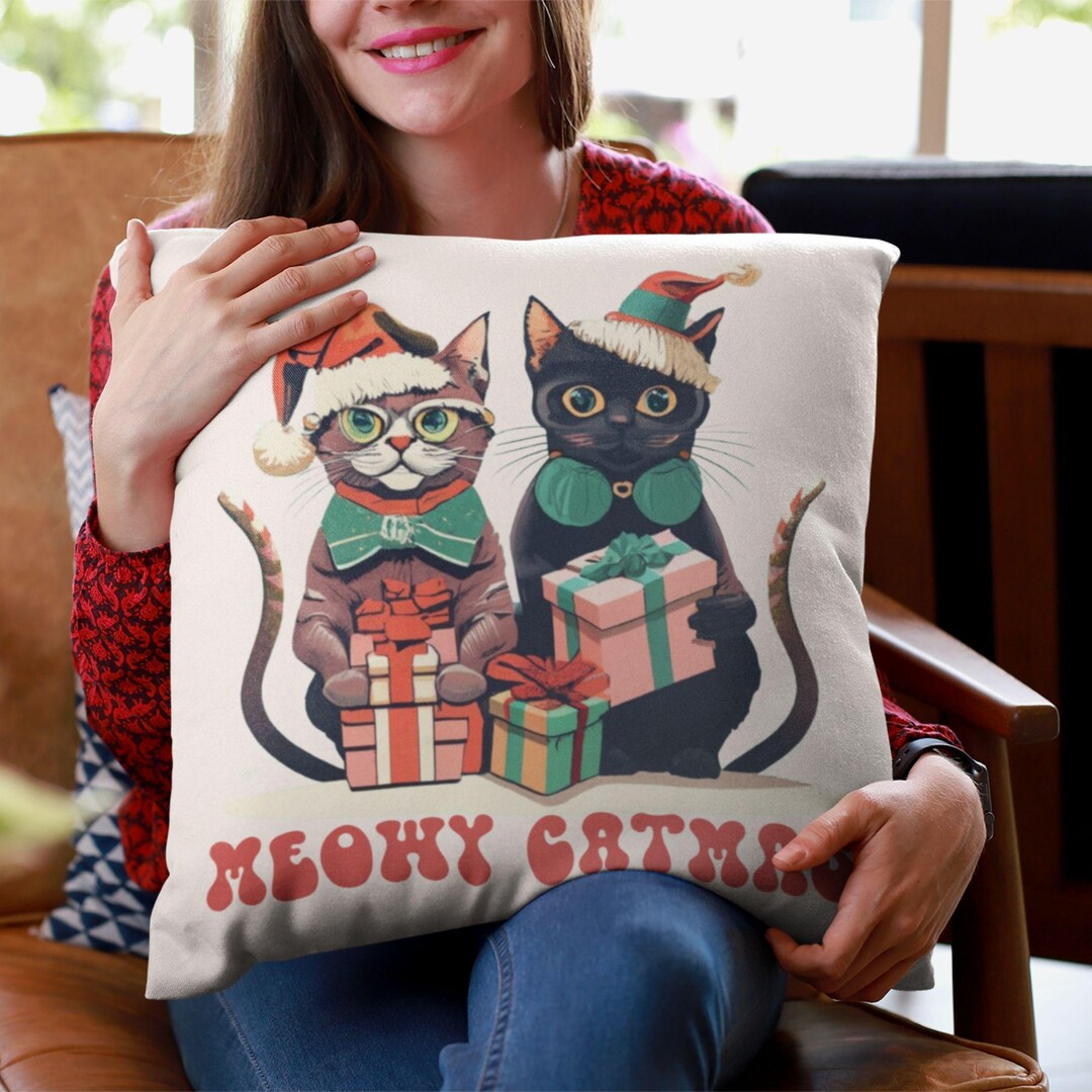 Retro Christmas Cat Pillow: Meowy Catmas Holiday Decor - Etsy