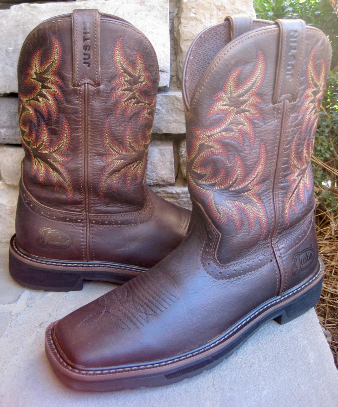 Sz 7D JUSTIN Men's Hand Sewn 'drilller' 11" Square Toe Leather Work ...