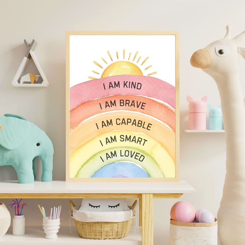Kids Affirmations DIGITAL DOWNLOAD Printable Nursery Wall Art Rainbow ...