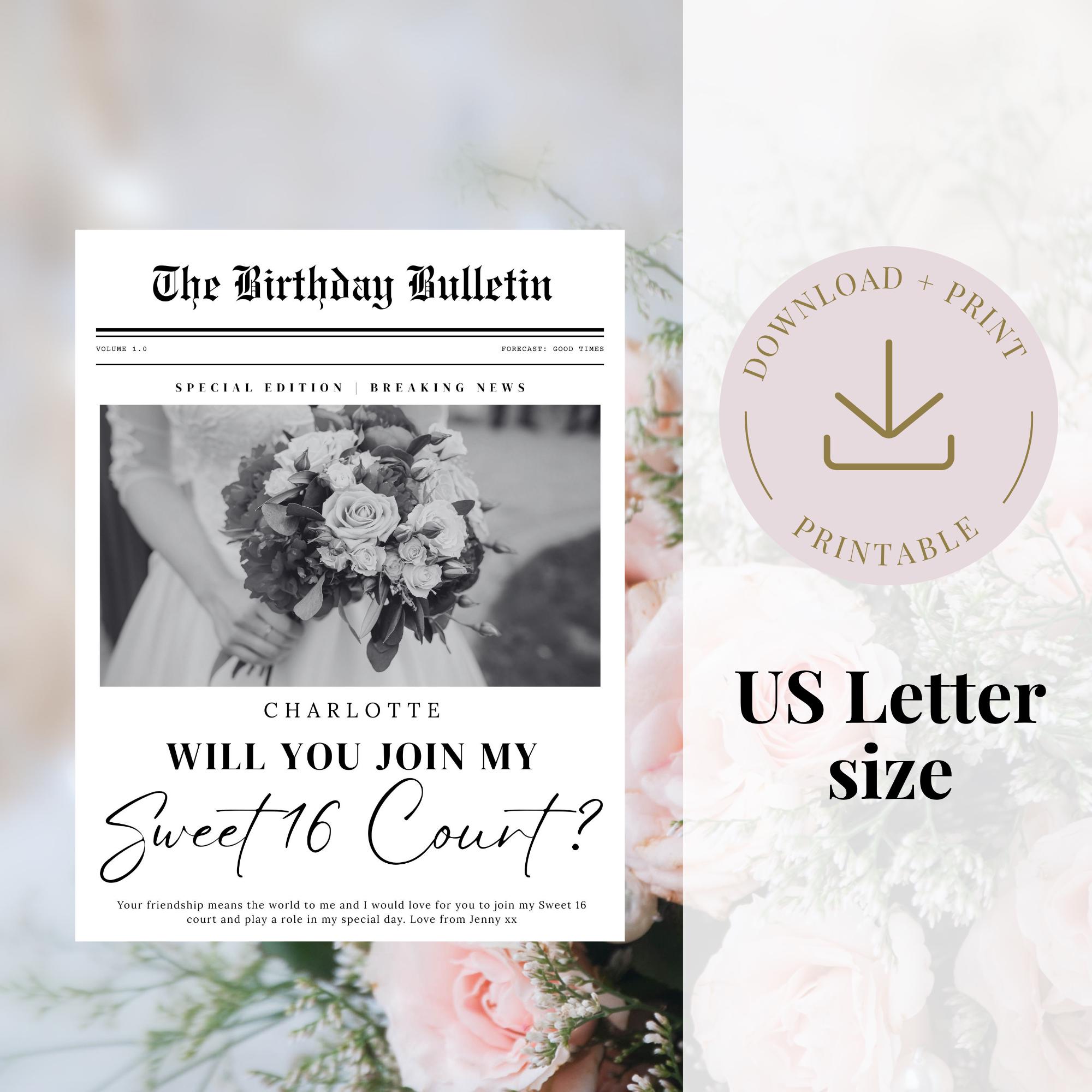 Sweet 16 Proposal Newspaper Template, Printable Asking Will You Join My ...