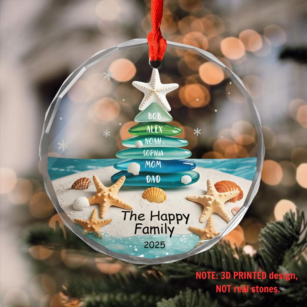 Personalized Sea Glass Family Tree 2D Flat Ornament, Custom Christmas ...