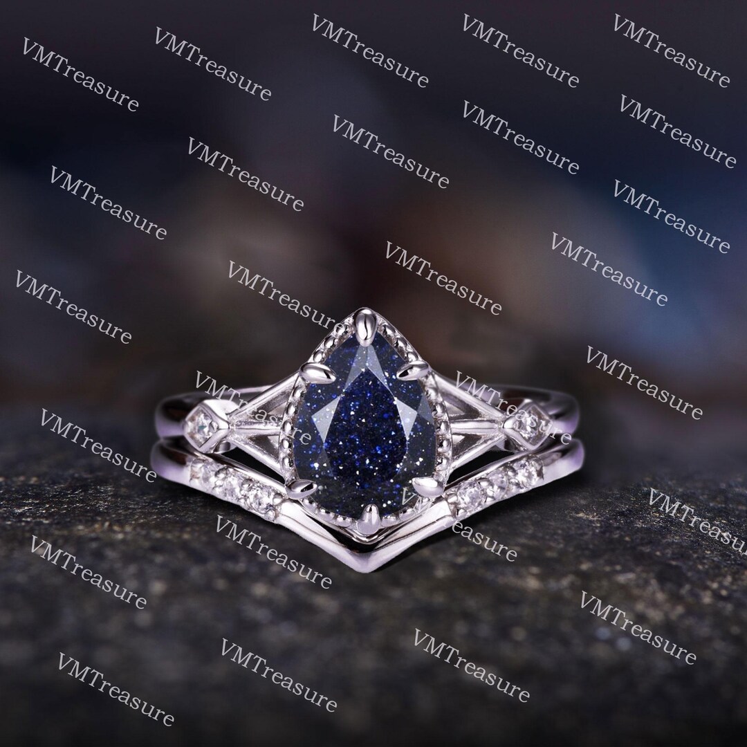 Vintage Pear Blue Sandstone Engagement Ring Set Galaxy Anniversary Ring ...