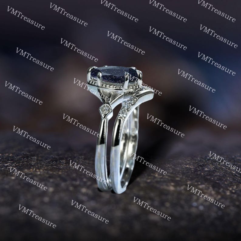 Vintage Pear Blue Sandstone Engagement Ring Set Galaxy Anniversary Ring ...
