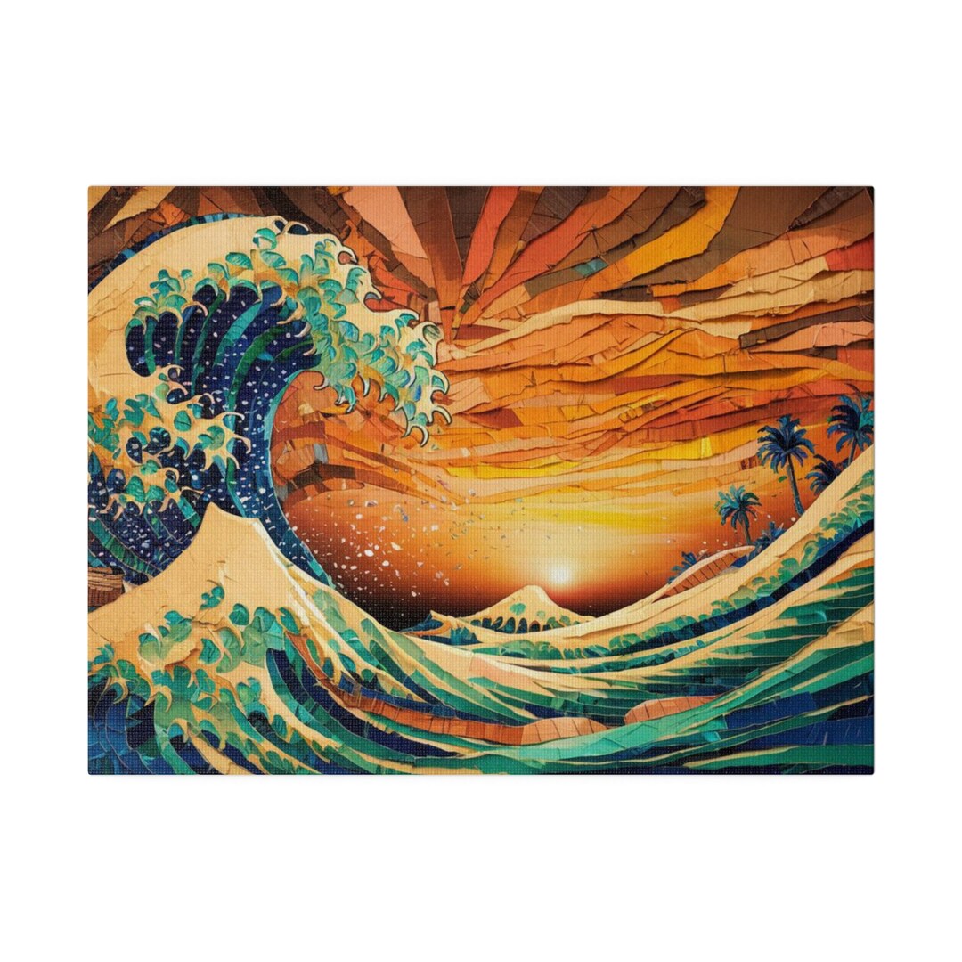 Japanese Wave Torn Paper Mosaic Art Vibrant Sunset Beach Scene With ...