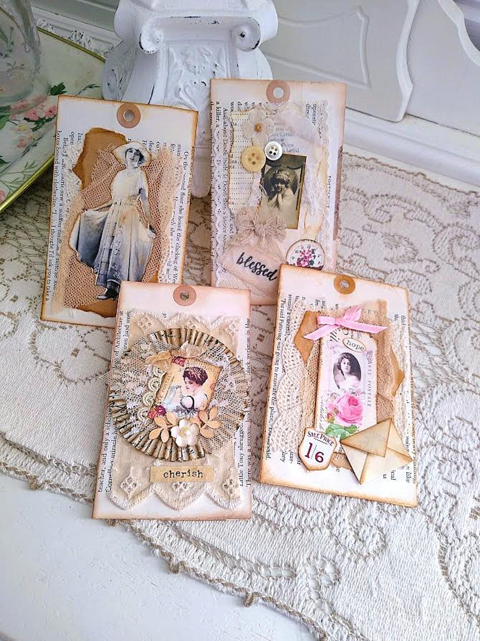 Set of 4 Vintage Inspired Book Page Embellished Junk Journal Tags - Etsy