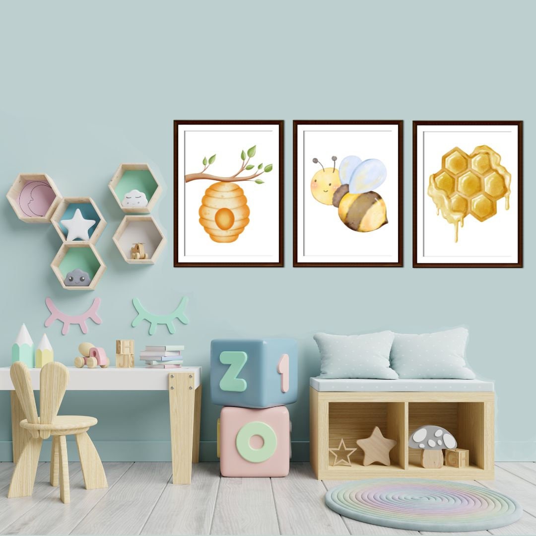 Honeycomb Haven Honeybee Wall Art, Boho Bee Art Set of 3, Yellow ...