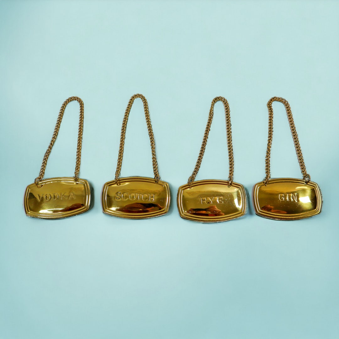 Brass Liquor Tags Vintage Decanter Bottle Labels Rye Gin Scotch Vodka ...