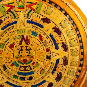 Large Handmade Wood Inlay Mayan Zodiac Calendar Plaque, Vintage Aztec ...