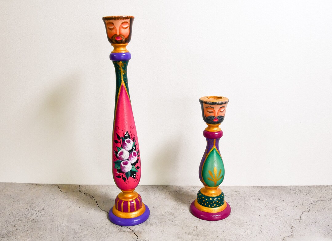 Hand Painted Wood Candlesticks Vintage Folk Art Wooden Taper - Etsy