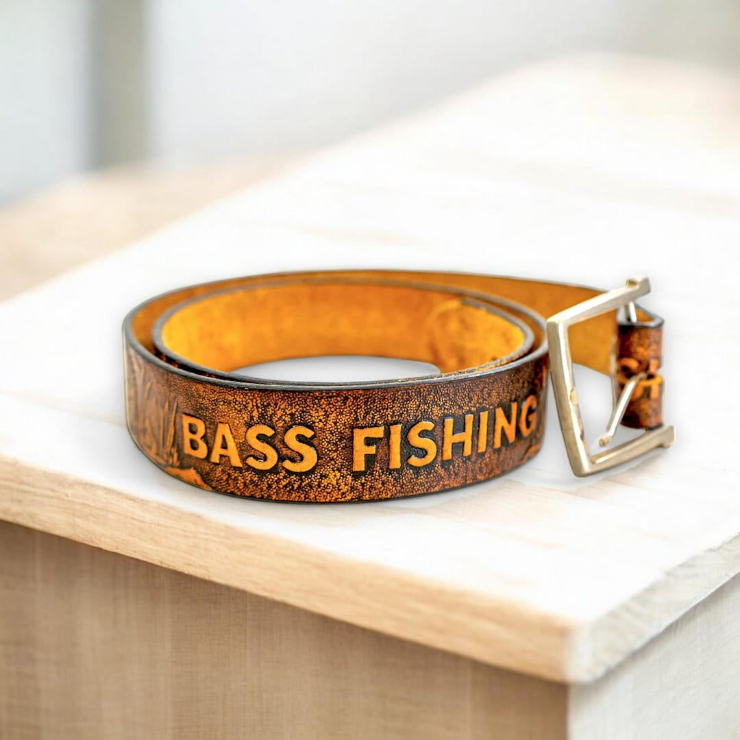 Vintage Tooled Leather Bass Fishing Fisherman Belt With Silver Metal ...