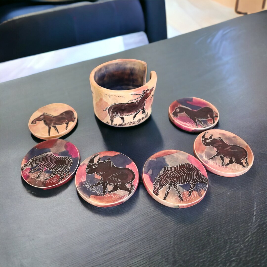 Vintage African Soapstone Coaster Set Handmade Hand Painted Safari ...